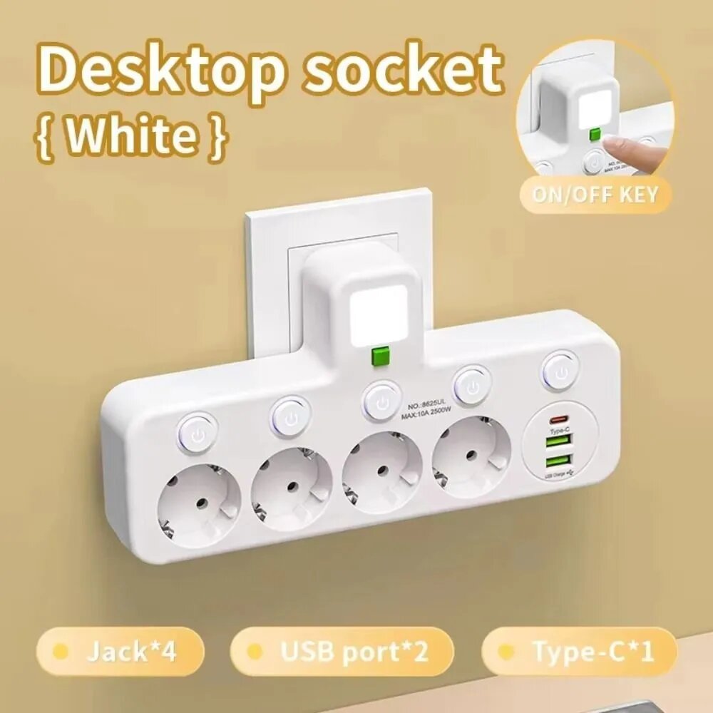 Настольная розетка с евровилкой, 4 розетки, 2 USB, 1 Type-C, белый, 2500 Вт, 10 А