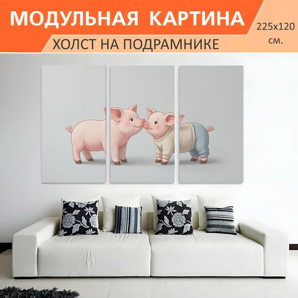 Модульная картина на холсте "Два милых поросенка. Нежная мультяшная иллюстрация с двумя розовыми свинками, одна в свитере и голубых." триптих на подрамнике 225х120 см. для интерьера