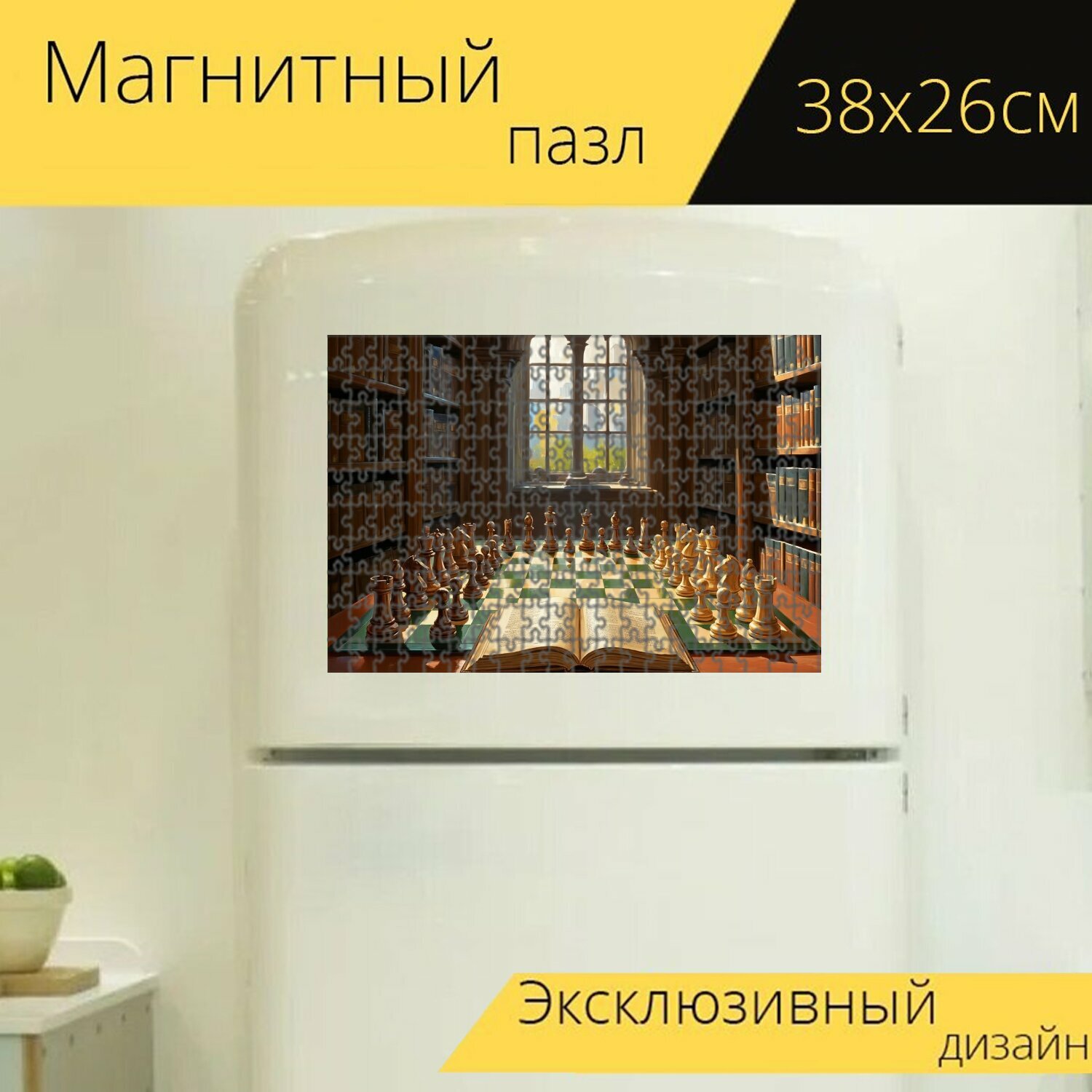 Магнитный пазл "Изображение шахматной доски в старинном библиотечном зале, окруженной множеством книг. фигуры сделаны из старинного хрусталя и выглядят." для интерьера, 38х26 см.