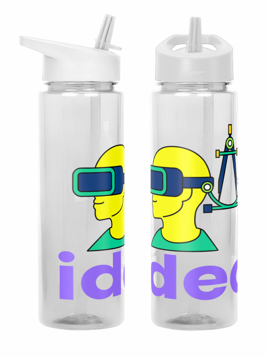 Бутылка белая для воды с принтом Голова в VR-очках с циркулем, надпись Idea