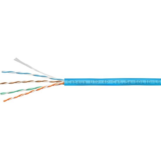 Кабель витая пара Cabeus UTP-4P-Cat.5e-SOLID-LSZH-BL-20UTP (U/UTP), кат. 5e, 4 пары (24 AWG), одножильный, синий, LSZH, нг(А)-HF, (20 м)