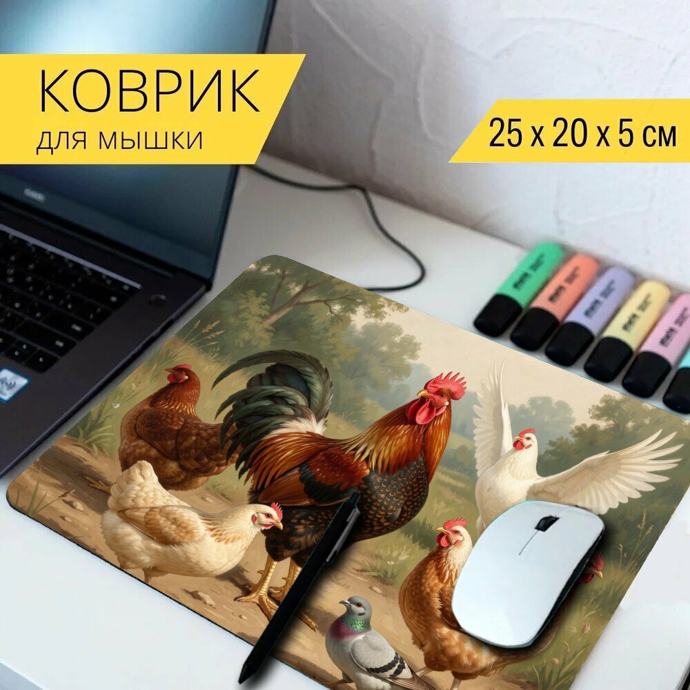 Коврик для мыши с принтом "Домашняя птица на деревенской тропе. Живописная фермерская сцена с петухом, курами и голубем на лесной опушке. Тёплые природные тона, мягкая." 25x20см.