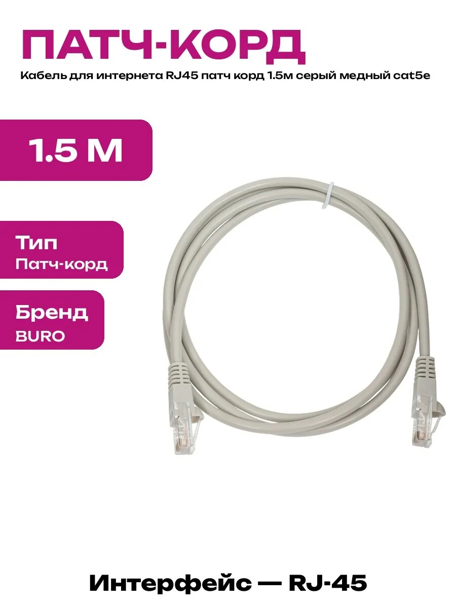 Кабель патч корд 1.5м медный RJ45 серый для интернета cat 5e