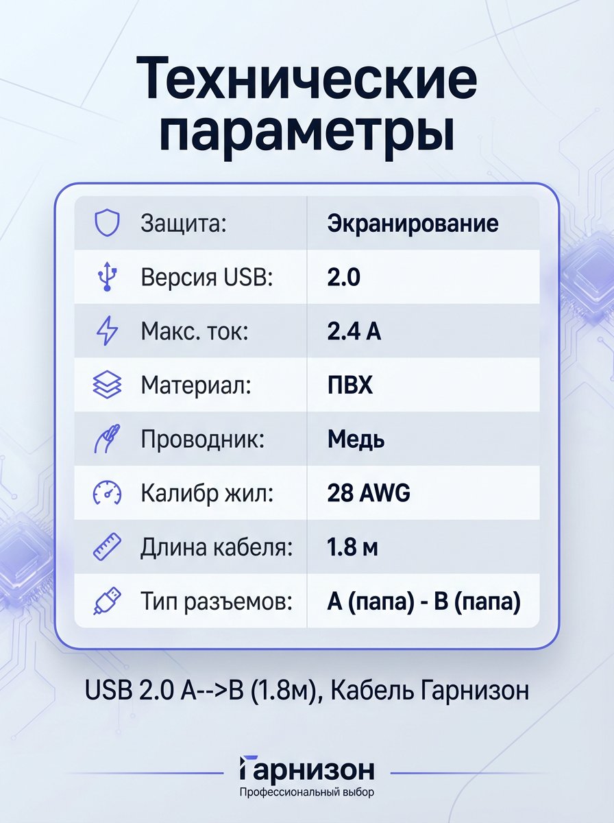 USB 2.0 A-->B (1.8м), Кабель Гарнизон — фото 1