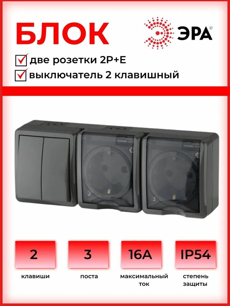 Блок 2кл + 2гн с З/К о/у серый 10А IP54 11-7404-03 Эксперт ЭРА