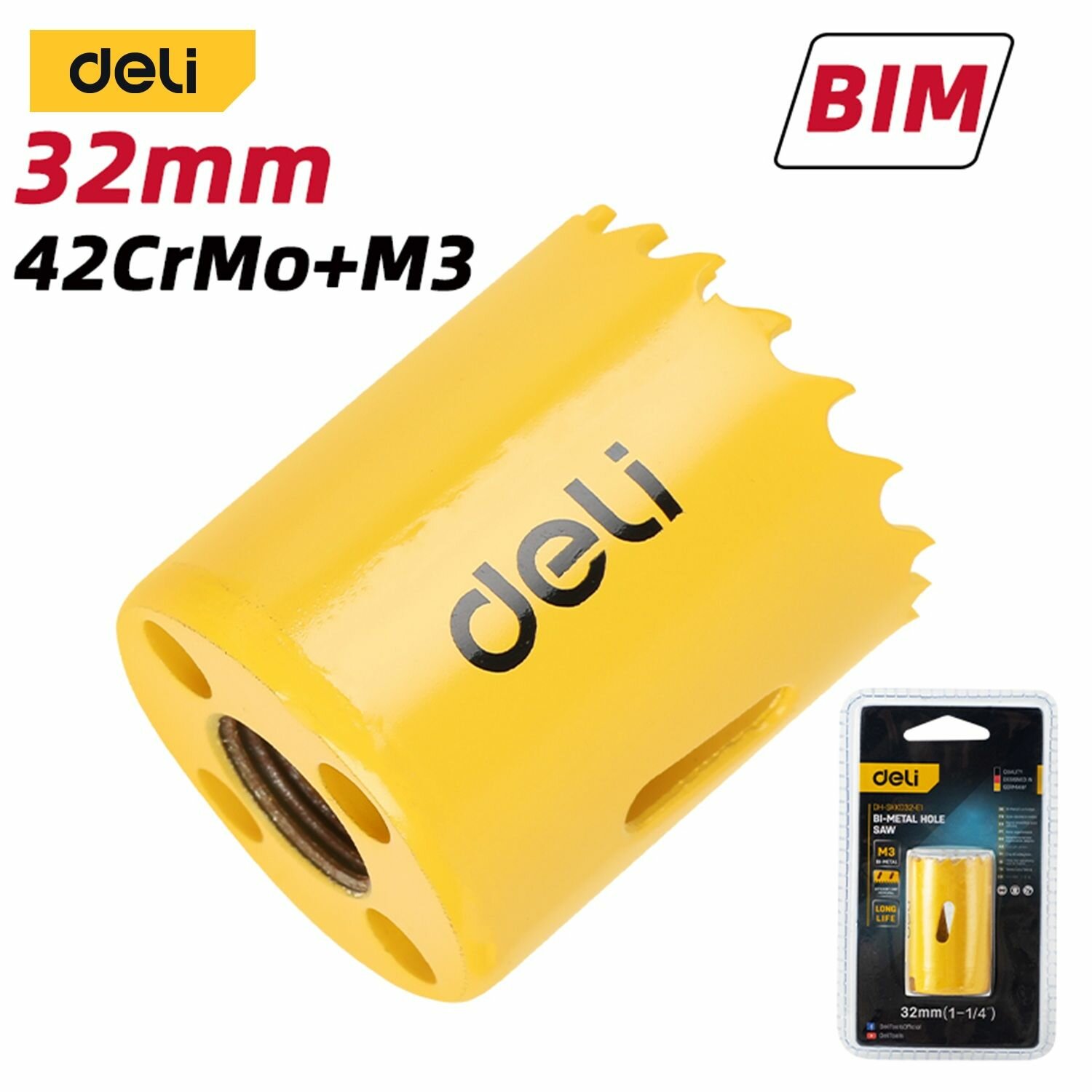 Коронка биметаллическая 32мм Deli DH-SKK032-E1 (макс глубина сверления 38мм, шаг зубьев 4-6мм, 42CrMo+M3)