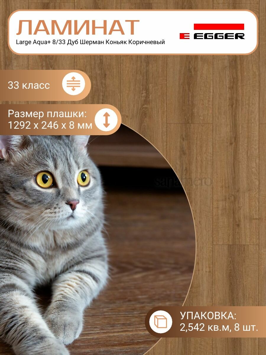 Ламинат Egger 8 мм 33 Large Aqua+ Дуб Шерман Коньяк Коричневый EPL184, 1292 х 246 мм, 8 шт/уп, 2.542 м2/уп.