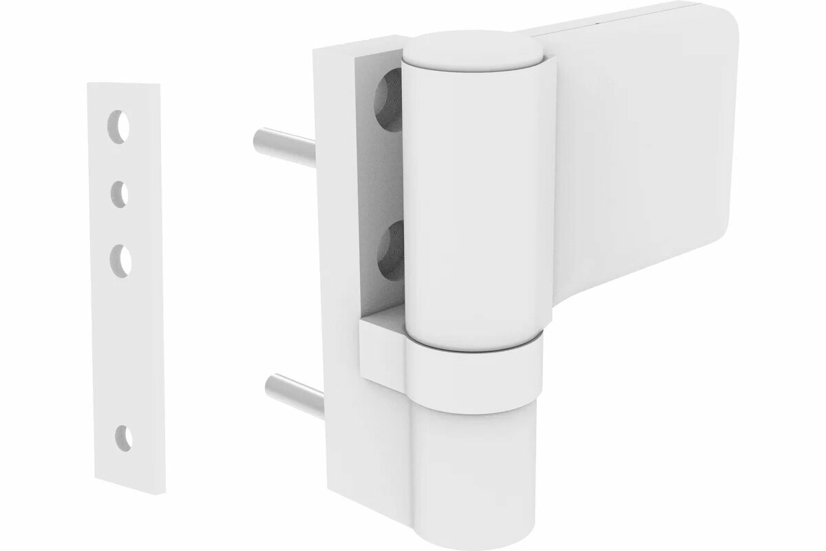 Петля для ПВХ дверей DORF белая RAL 9016 100 кг, алюминия, полимерной краски, 3D‑регулировка, противо‑взломный штифт, универсальный монтаж L/R, наплав створки 14–19 мм, 200 000 циклов эксплуатации