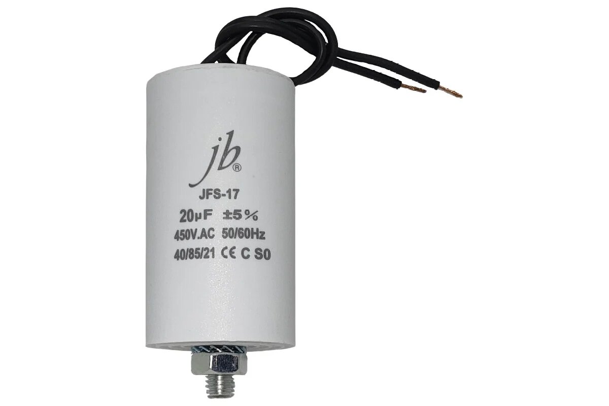 Конденсатор пусковой JB Capacitors 20 мкФ 450 В 40×75 мм JFS‑17 (CBB60‑G) гибкие выводы + болт
