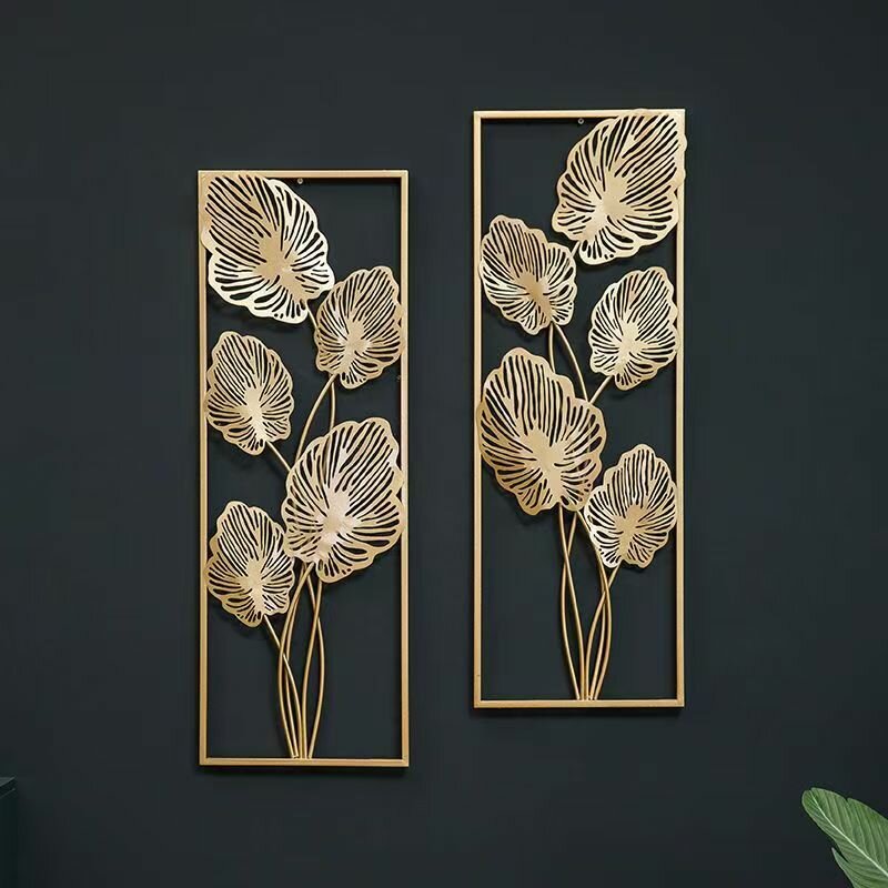 Панно на стену из металла 30*85см, Декор для дома золотые листья 2 шт