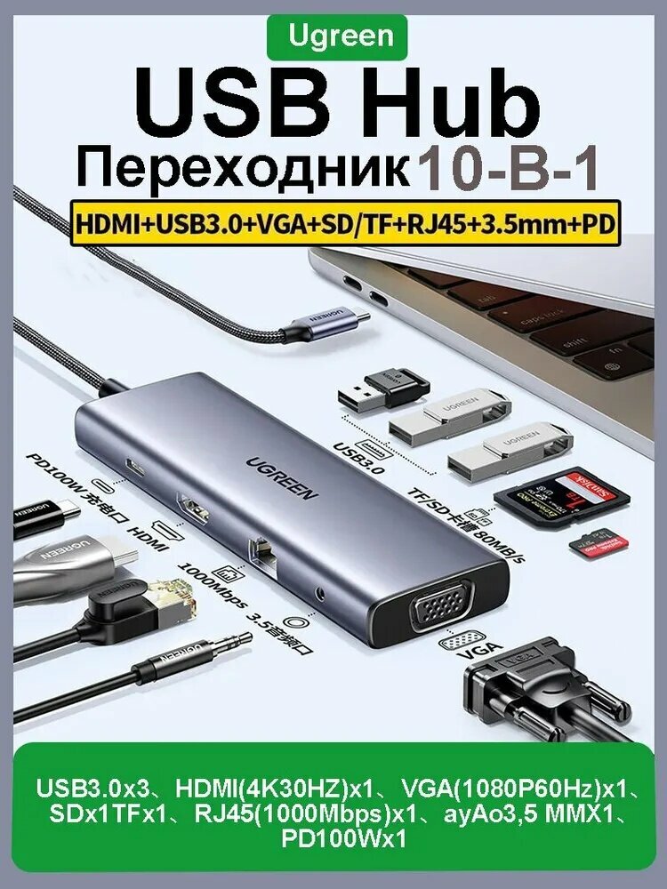 USB-разветвитель (10-в-1) Type-C, HDMI/4K /60Hz, Gigabit Ethernet, SD/TF, для MacBook, iPad, Windows
