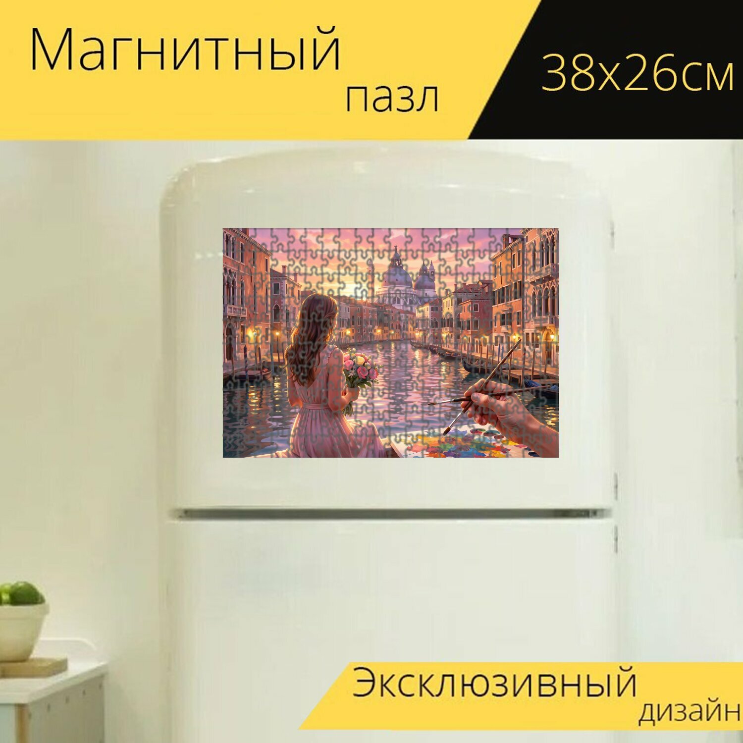 Магнитный пазл "Романтический вечер в Венеции. Живописный европейский канал на закате: девушка с букетом у воды, гондолы, старинные фасады и купола собора." для интерьера, 38х26 см.