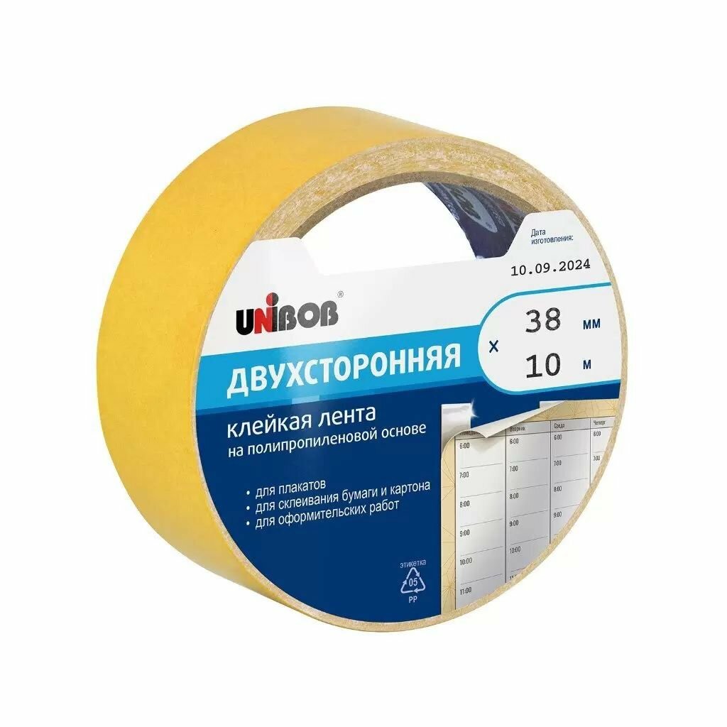 Клейкая лента Unibob двухсторонняя 38 мм на полипропиленовой основе 10 м, белая, для фиксации, артикул 38566