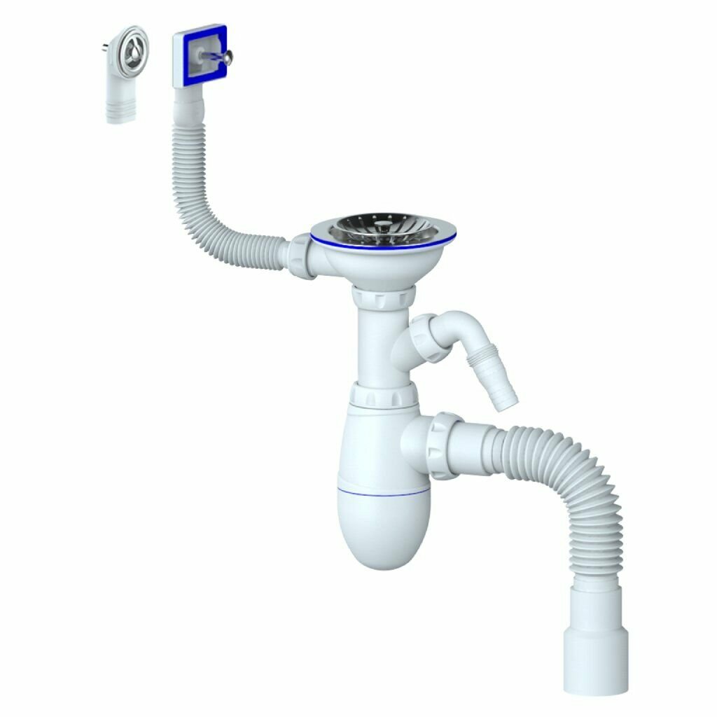 Сифон для мойки Unicorn В427Р, 3" 1/2, 40 мм, пластиковый с выпуском и универсальным переливом, белый, Россия