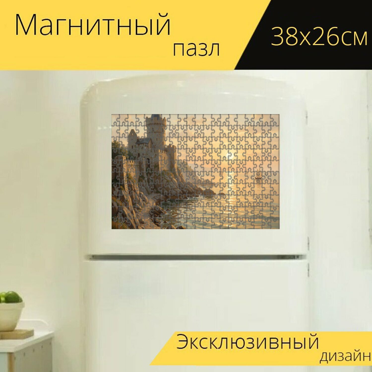 Магнитный пазл "Замок у моря на закате. Старинная крепость на скалистом берегу, спокойная водная гладь с парусниками, мягкое золотое сияние вечернего неба." для интерьера, 38х26 см.