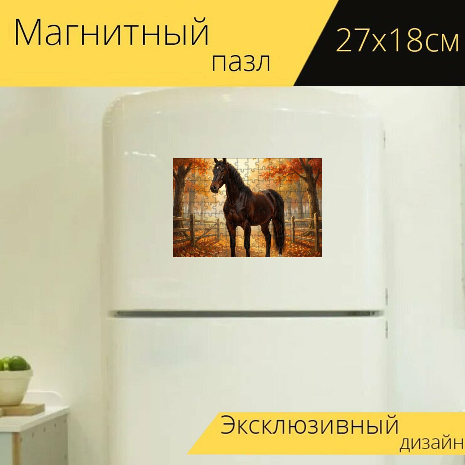 Магнитный пазл "Благородный конь в осеннем лесу. Реалистичный вороной скакун на лесной тропе среди золотой и оранжевой листвы, мягкий солнечный свет." на холодильник 27 x 18 см.