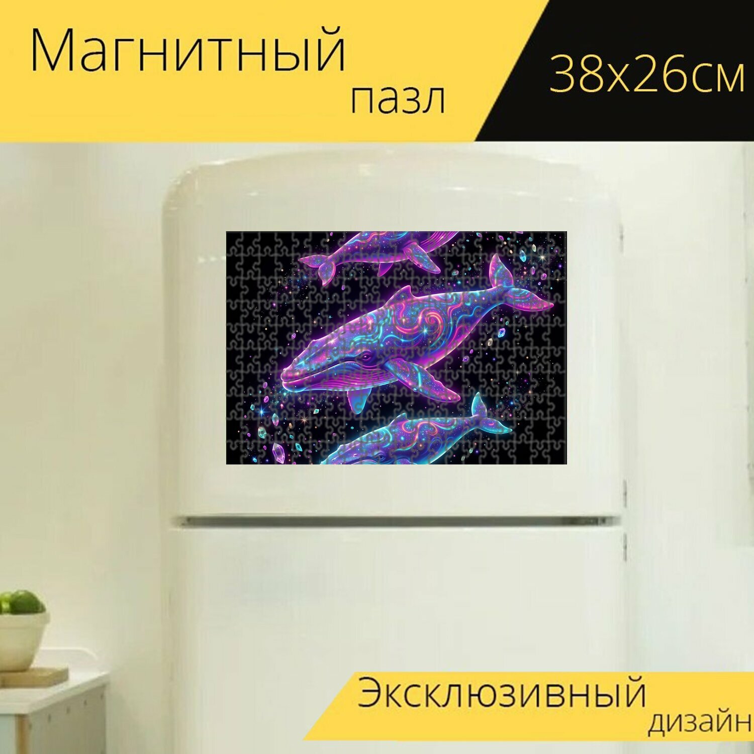 Магнитный пазл "Космические киты в неоне. Светящиеся морские гиганты в фантазийном космосе, окружённые мерцающими кристаллами и звёздной пылью. Яркие." для интерьера, 38х26 см.
