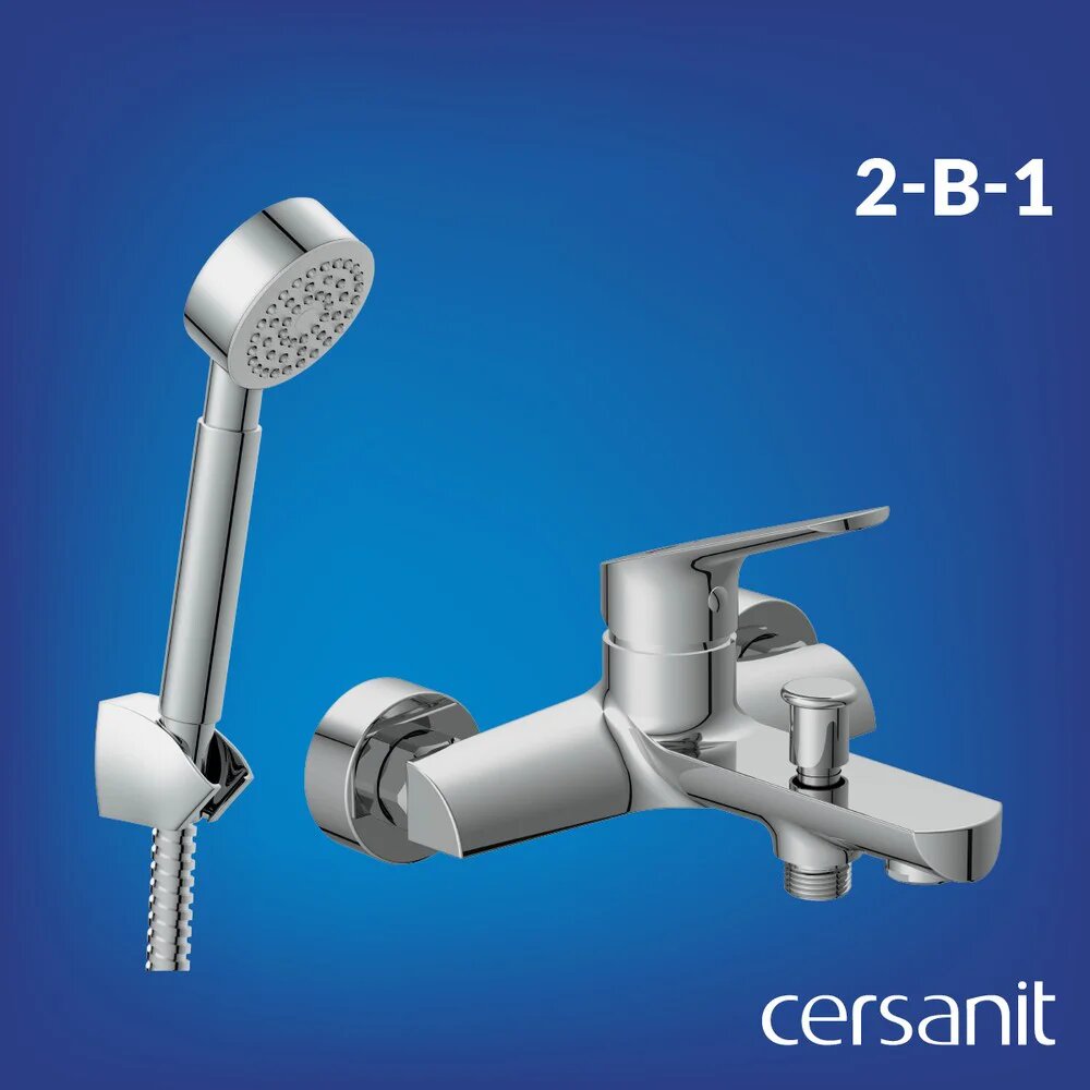Смеситель для ванны с душем Cersanit Флавис (Flavis) 64509 с душевым гарнитуром, настенный, однорычажный, хром, глянцевый, латунный, с керамическим картриджем