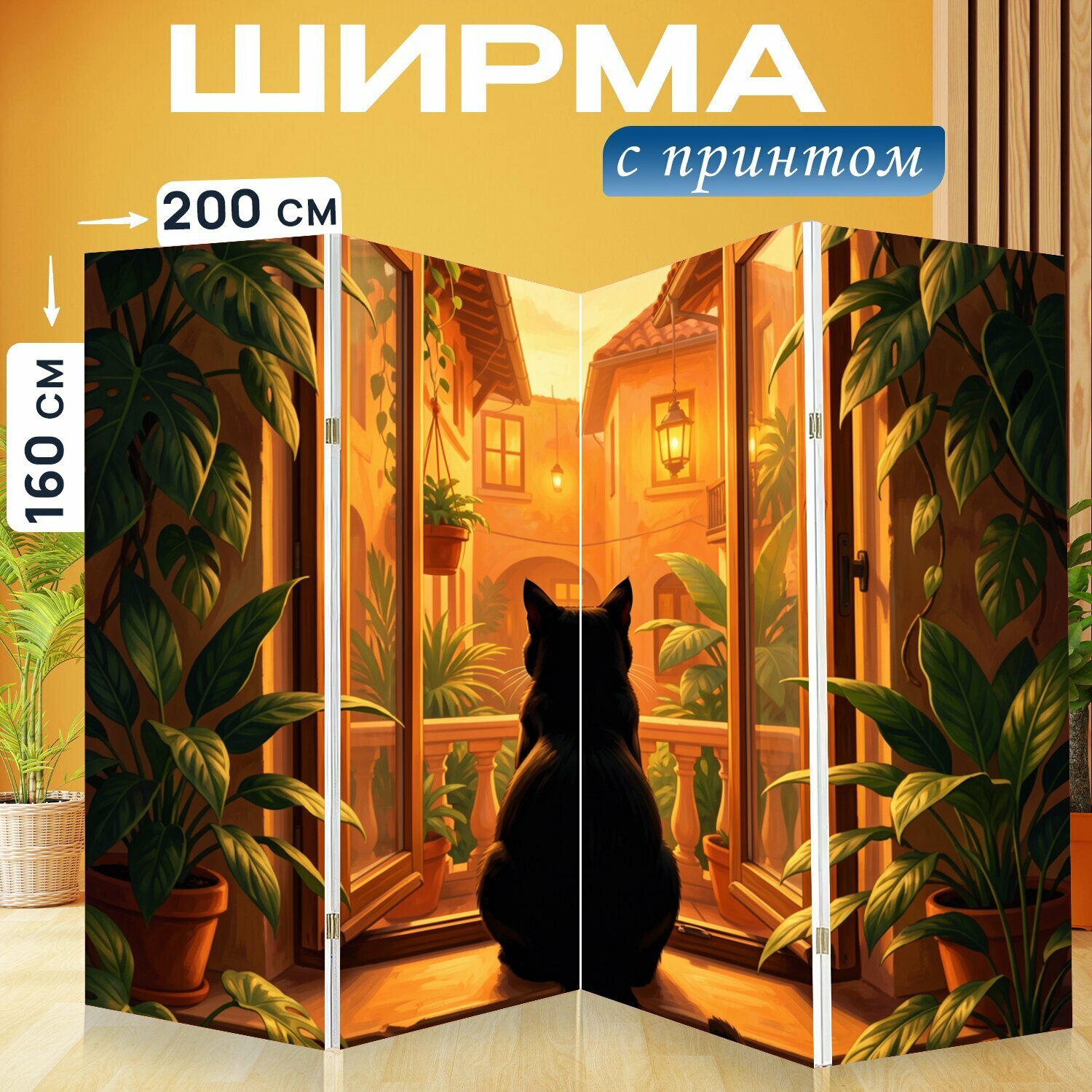 Ширма "Черный кот у открытого окна. Уютный средиземноморский дворик в золотом вечернем свете, силуэт домашнего." перегородка для зонирования комнаты с принтом 200x160 см. на холсте