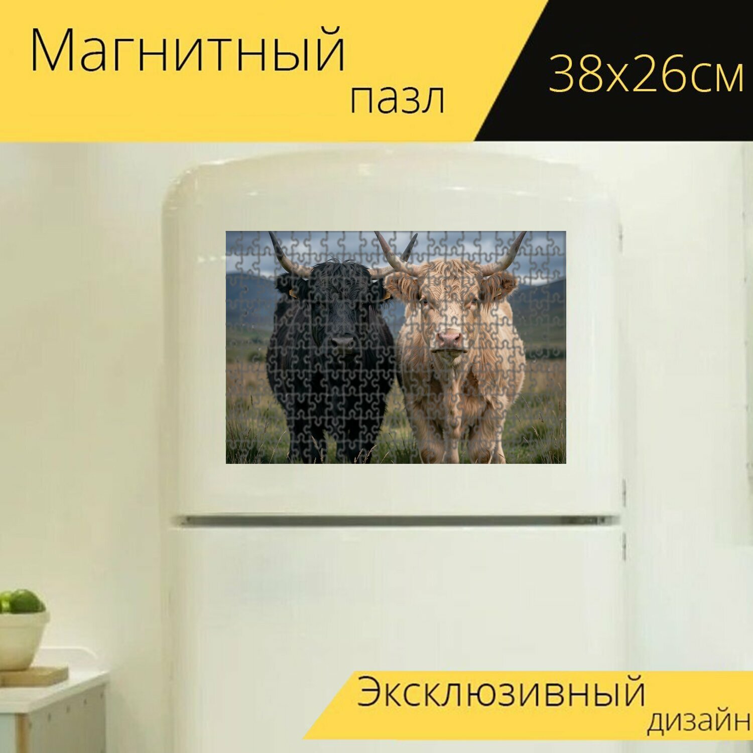 Магнитный пазл "Два быка на пастбище. Черный и светлый рогатый скот на луговом фоне, фронтальный ракурс, реалистичный стиль, драматичное облачное небо." для интерьера, 38х26 см.