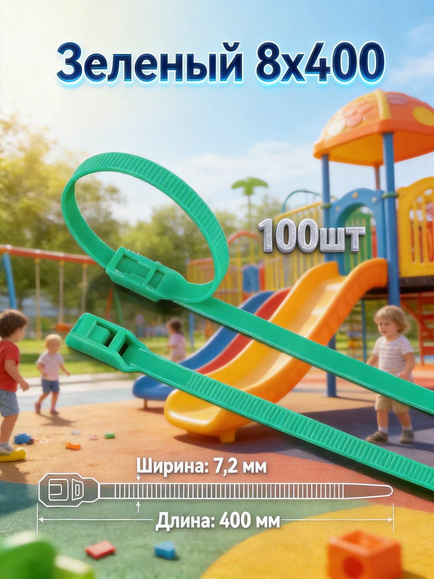 Хомуты 400x8 мм для фиксации защитных рукавов лабиринтов, набор 100 шт с безопасными замками для детских площадок и игровых зон прочные и гибкие