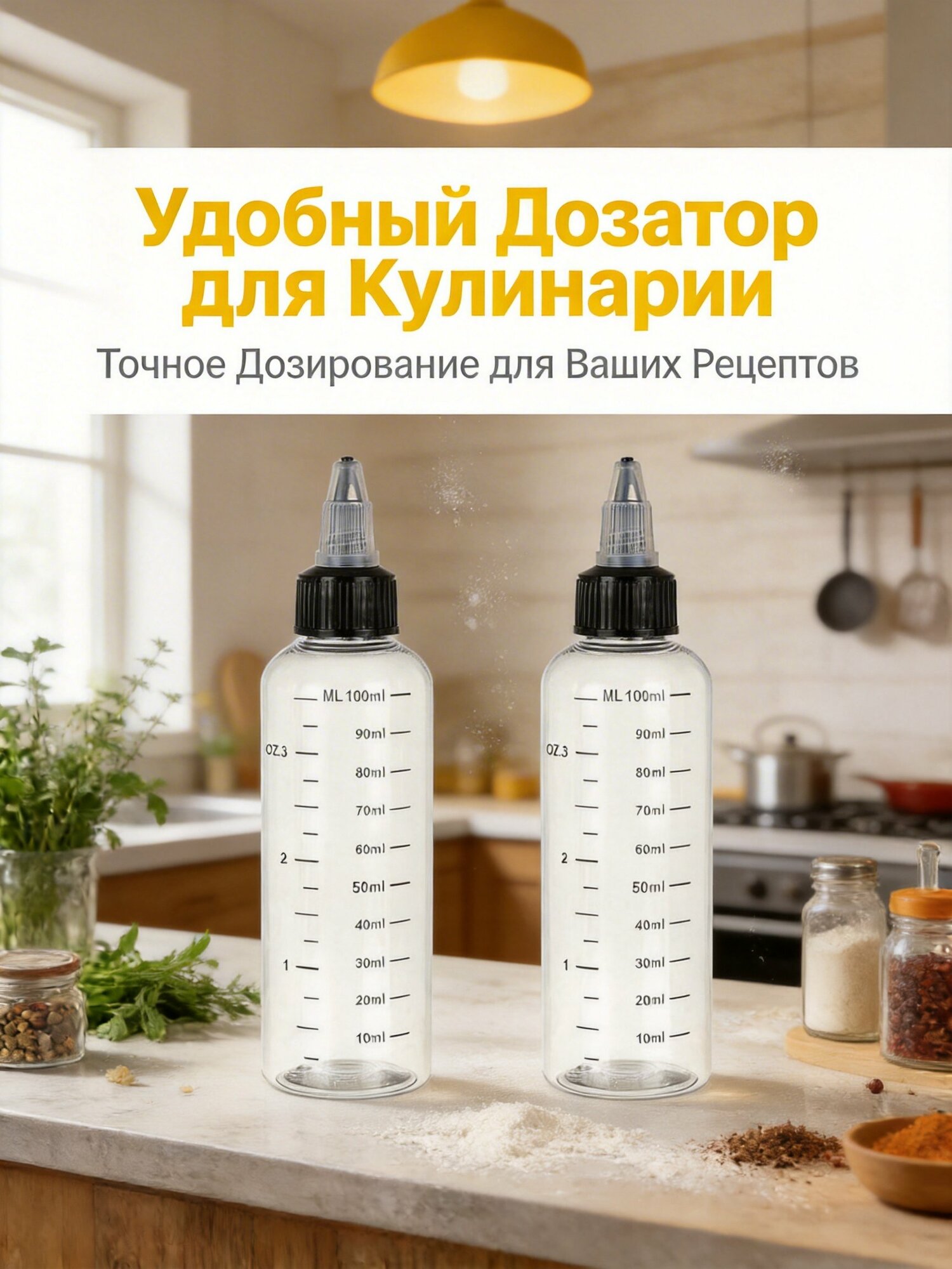 Набор из 2 бутылочек 100 мл, с дозатором и шкалой для точного дозирования клея, соусов и красок, герметичные и универсальные