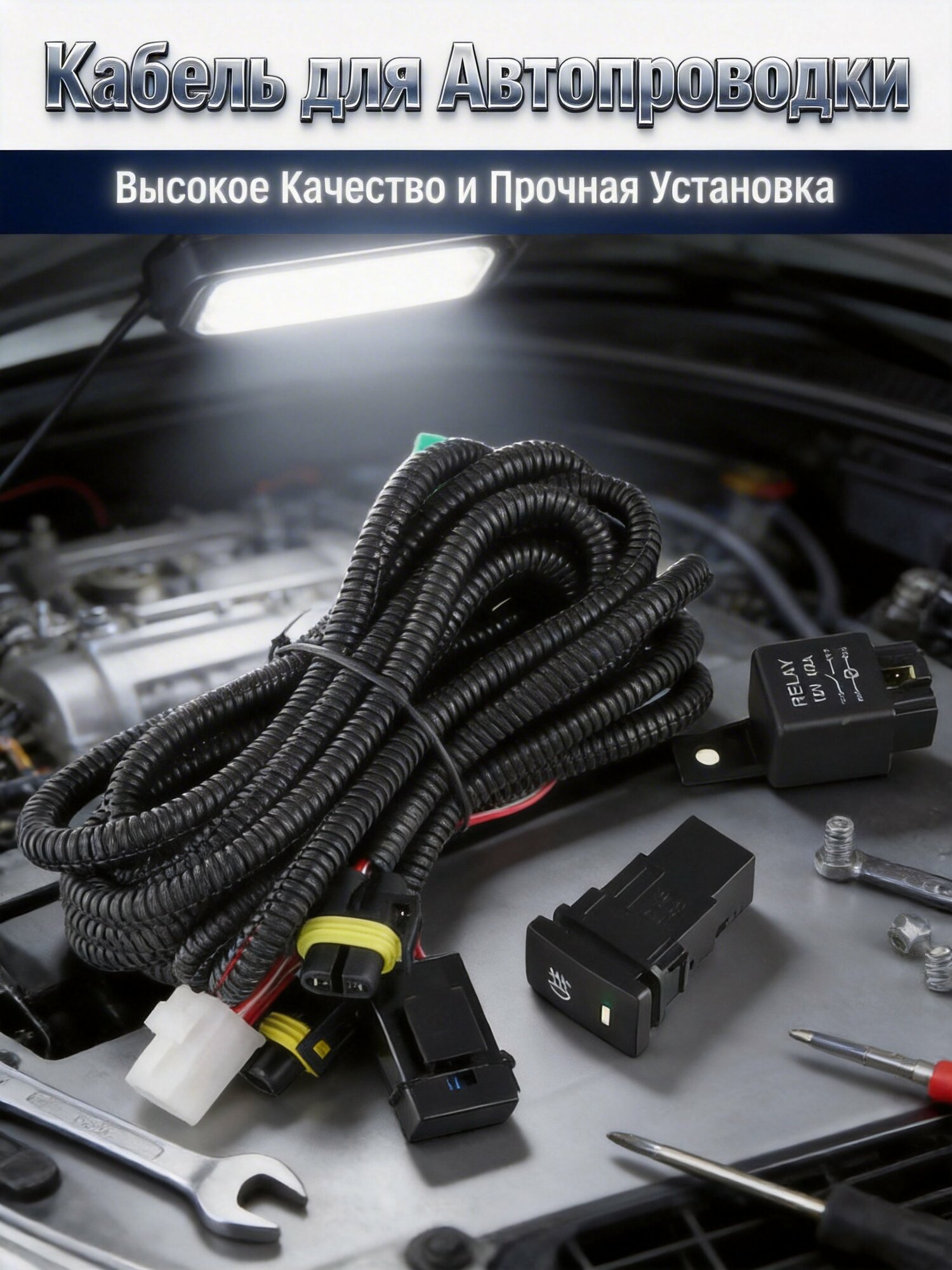 Жгут проводов для противотуманных фар, адаптеры H11, реле 12V/40A, с предохранителем и LED-переключателем длина 2 м