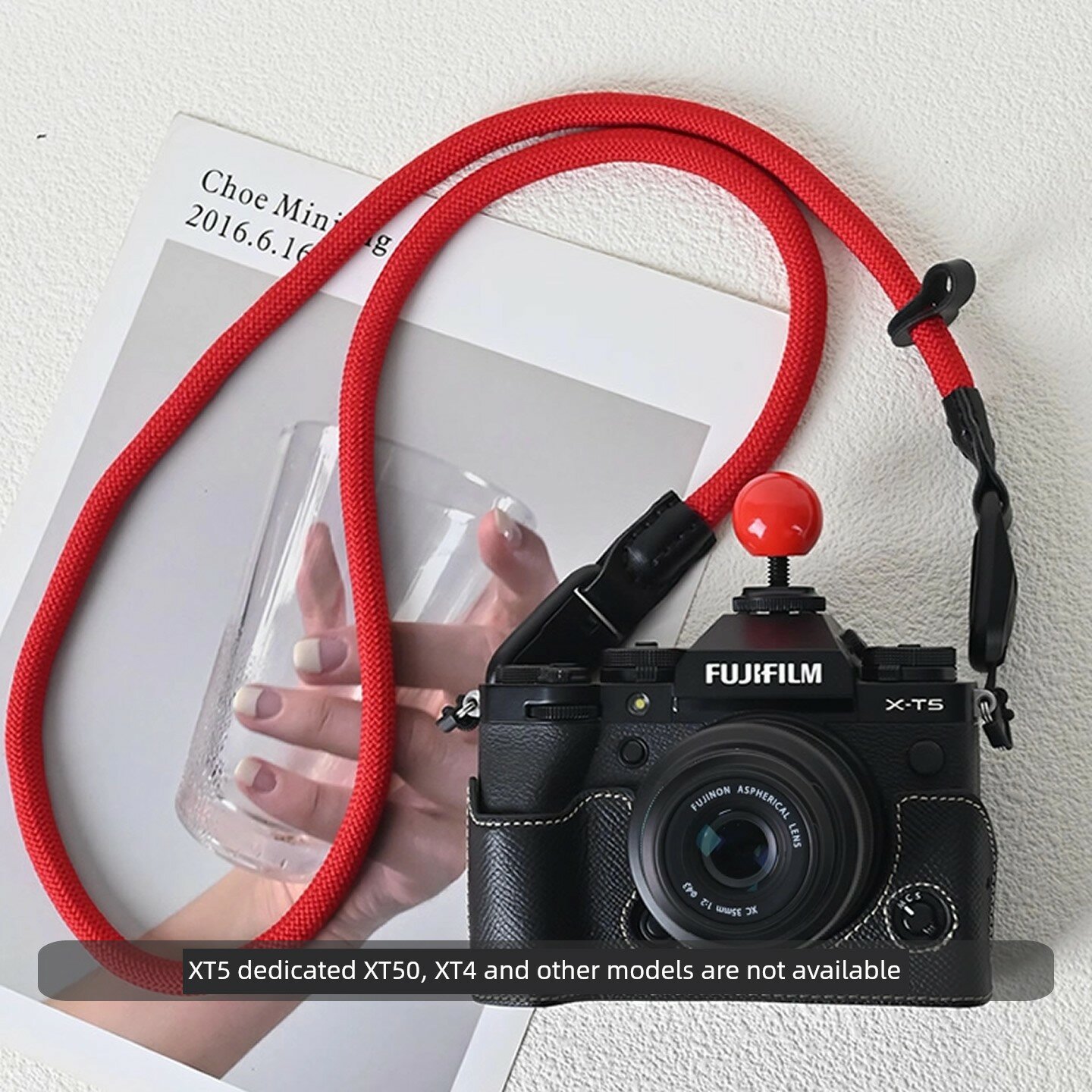 Кожаный чехол-основа с красным ремешком и аксессуарами для камеры Fujifilm XT5 цвет классический черный