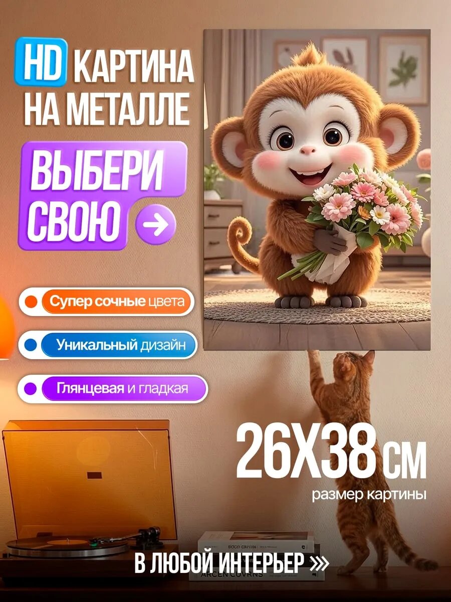 Картина на HD металле Обезьянка с цветами