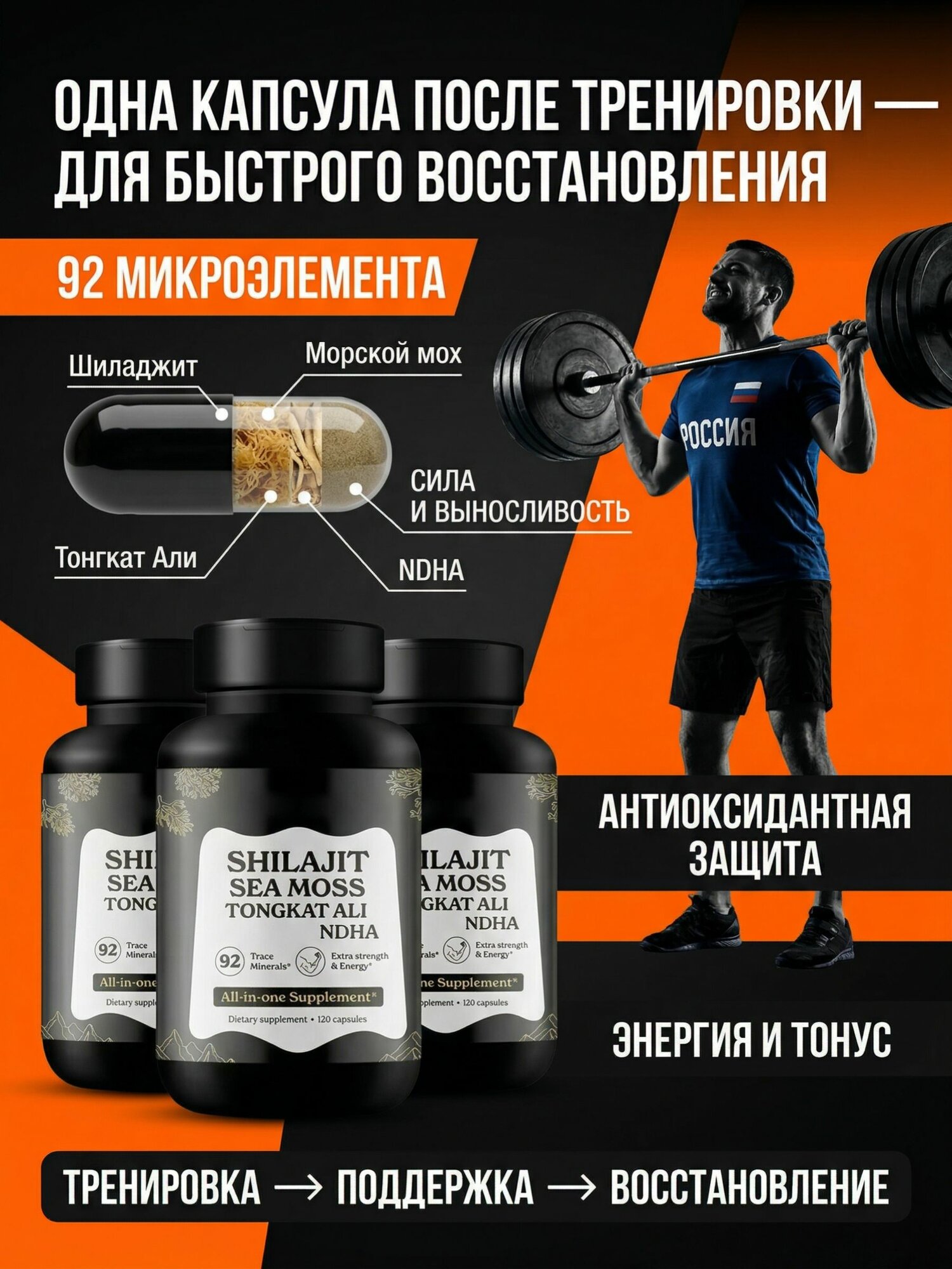 Шиладжит (Shilajit) с морским мхом, Тонгкат Али и NDHA, 3 упаковки по 120 капсул, 92 микроэлемента, максимальная концентрация, для энергии, выносливости и быстрого восстановления после тренировок