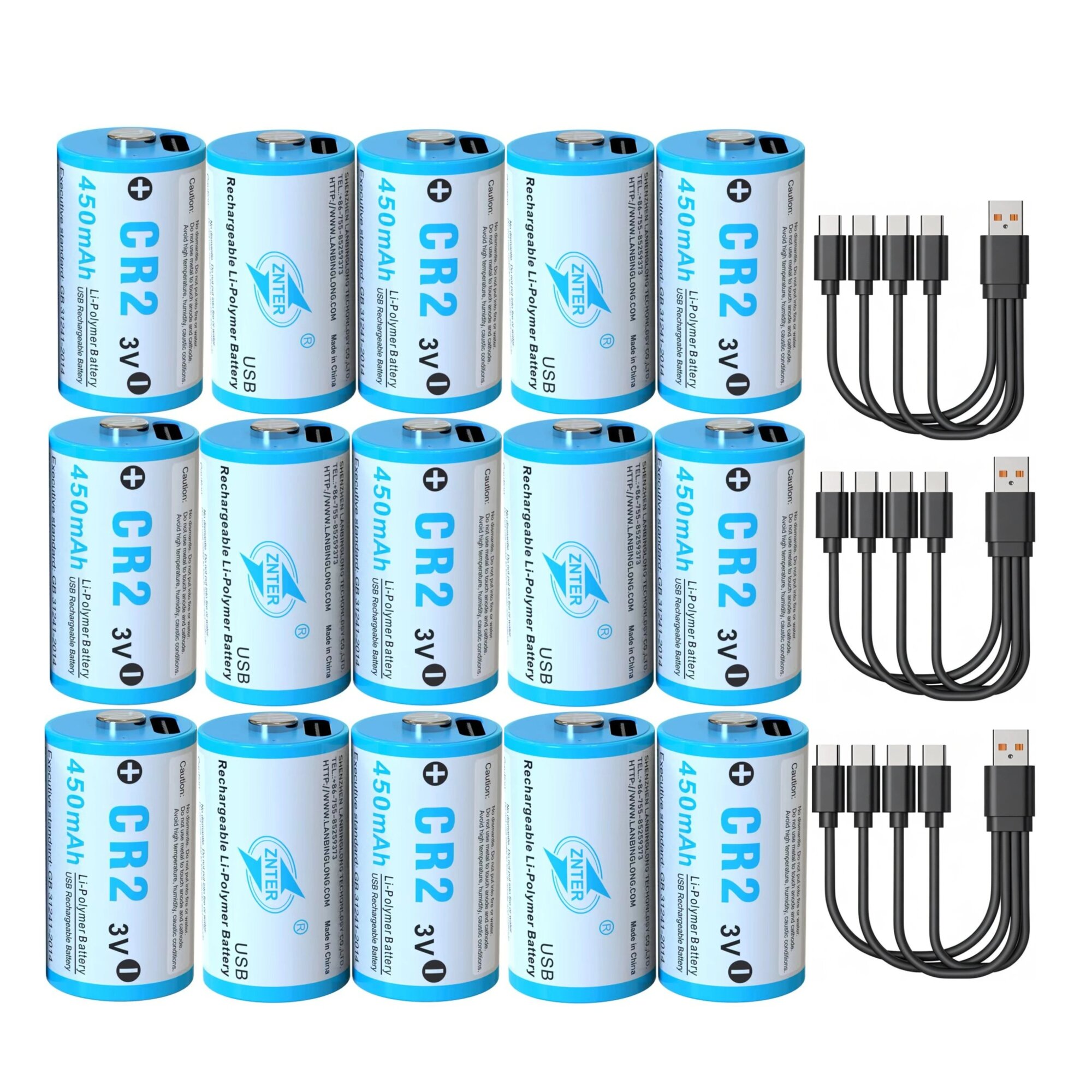 Зарядные батарейки 3V CR2 450mAh литий-полимерные с прямым зарядом по USB, долговечный ток, экологически безопасные для камеры, счетчика, дымового датчика — 15 батарей, 3 кабеля