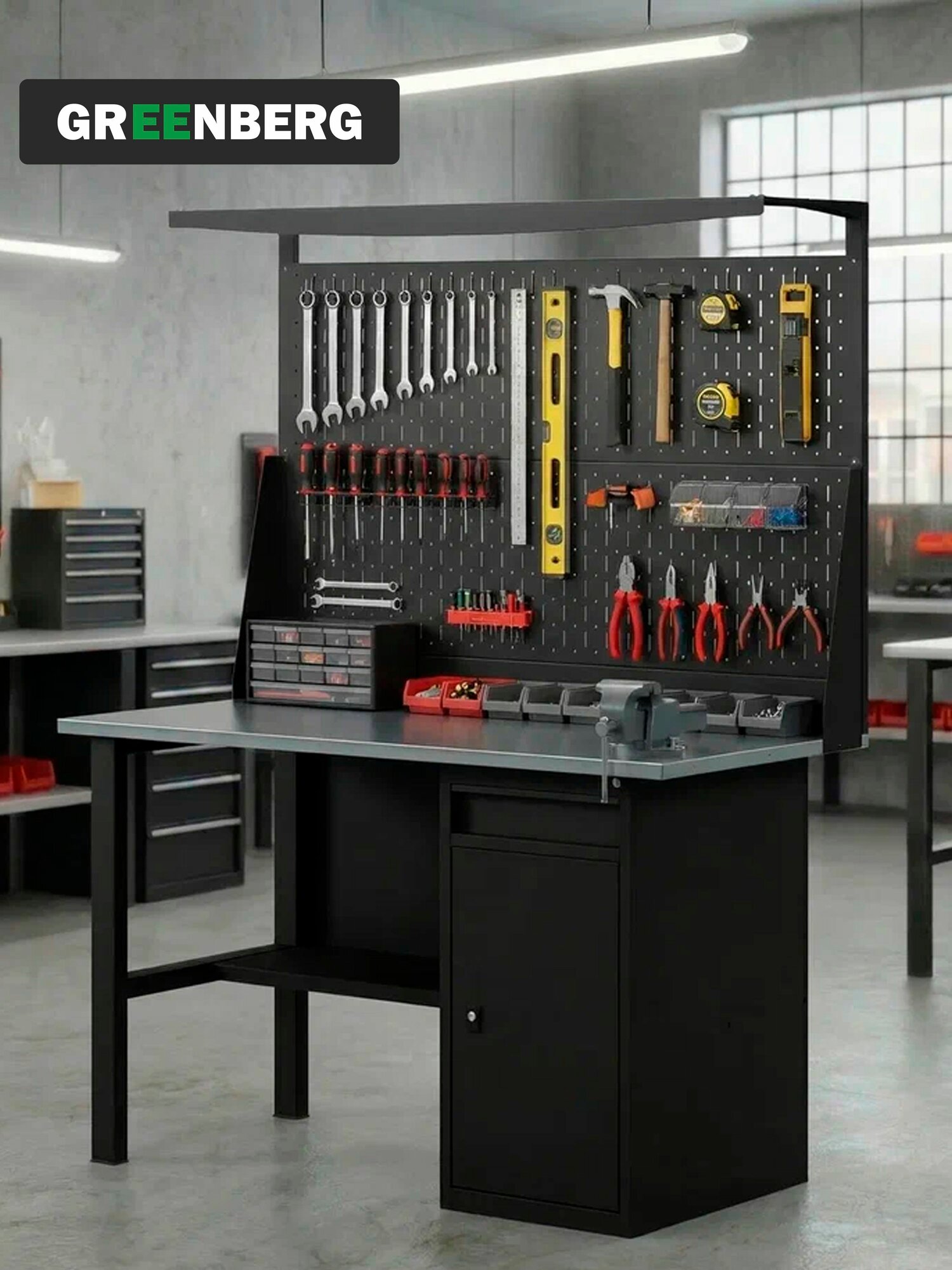 GREENBERG BLACK Верстак-стол с перфопанелью двойной с тумбой/ящик 1200мм VERSTAK_BLACK_W1_P2_1200