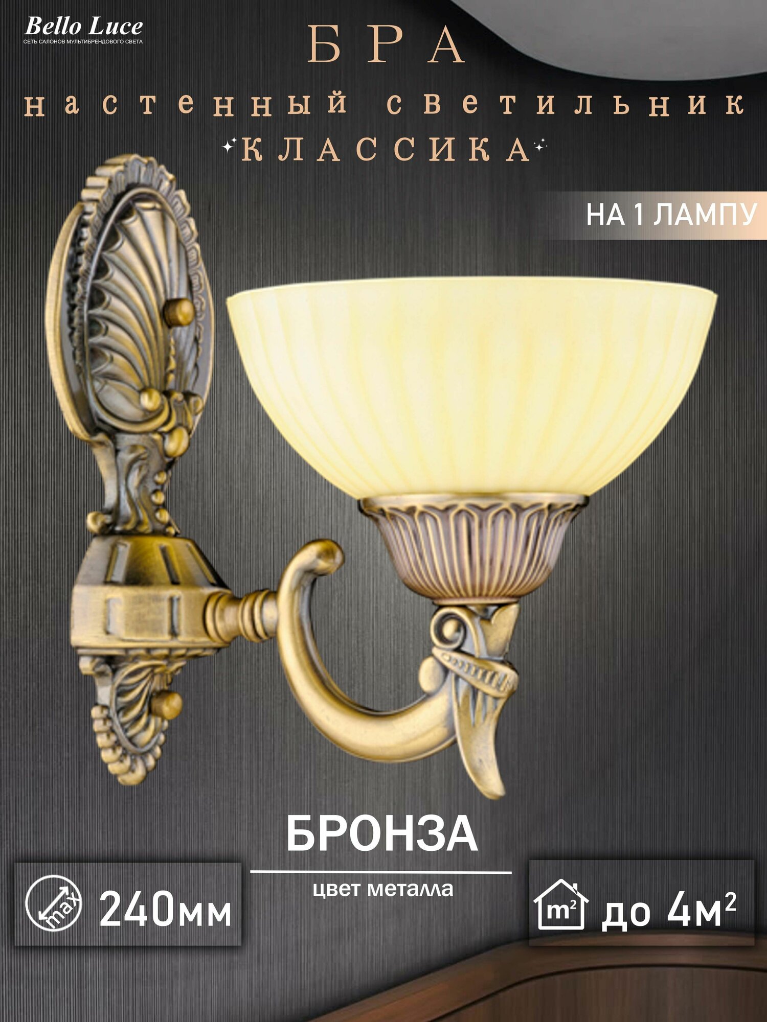 Светильник настенный, бра Классика античная бронза, плафон стекло шампань на 1 лампу E27