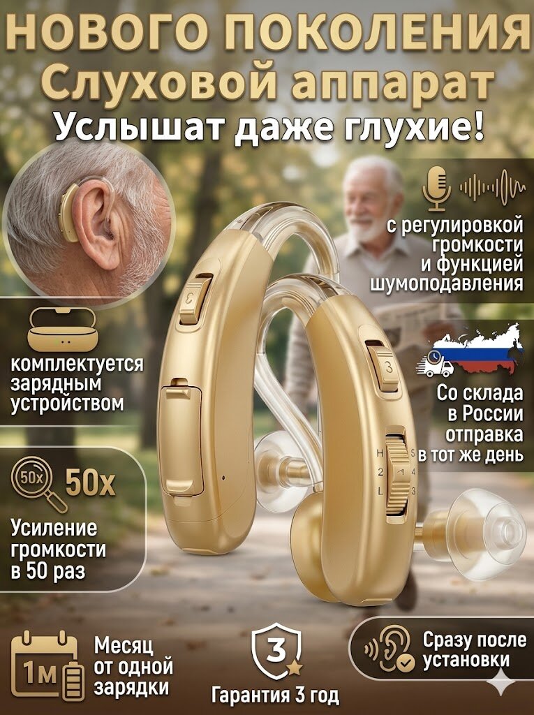 Накладной слуховой прибор с зарядным устройством для пожилых и взрослых