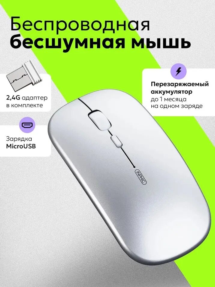 Беспроводная бесшумная мышь INPHIC M1P, с индикатором заряда, usb радиоканал, белый глянец