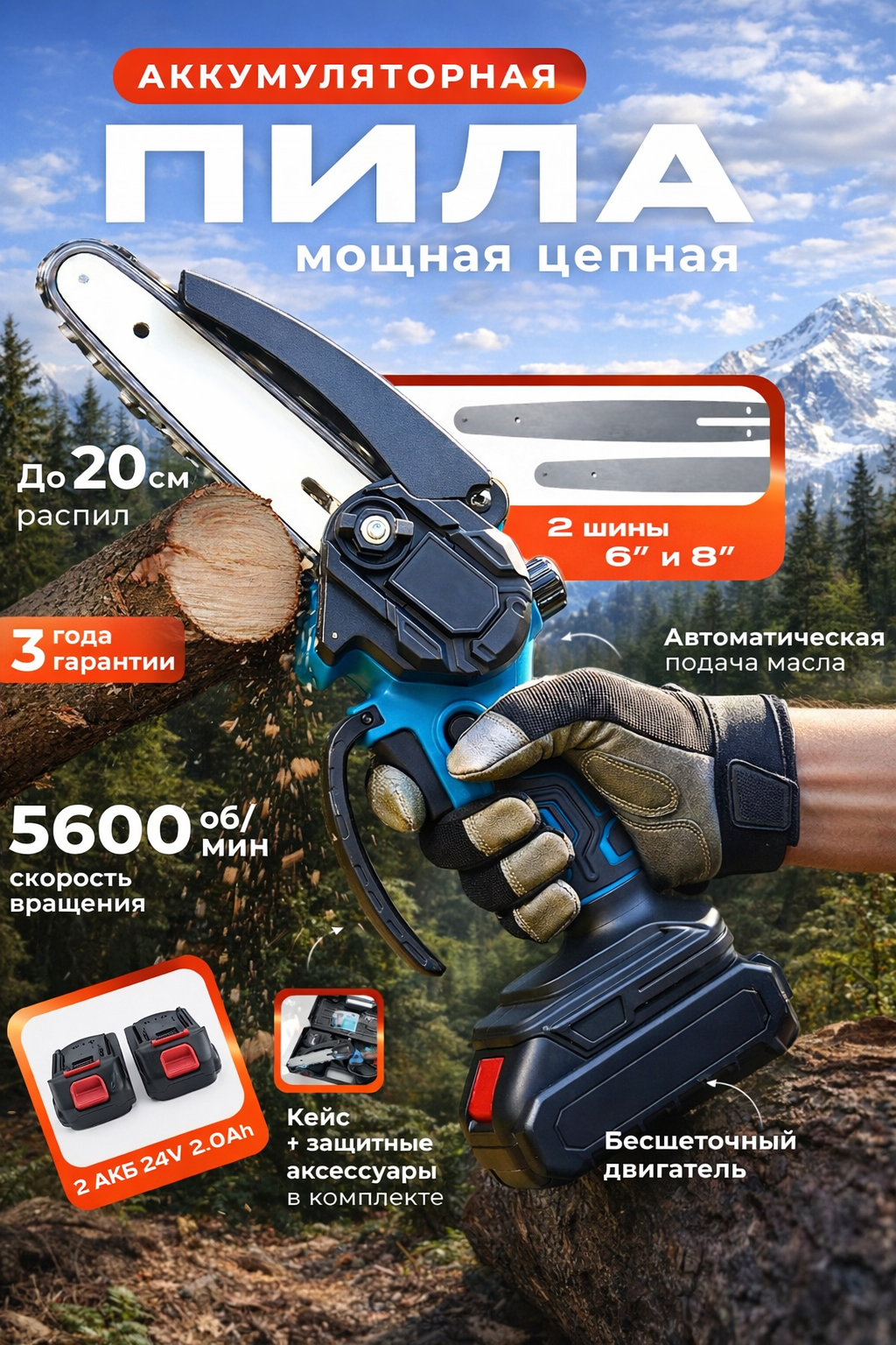 Пила аккумуляторная цепная садовая мини сучкорез электропила электрическая (6 + 8 дюймов, 2 цепи, 2 батареи 2000mah)