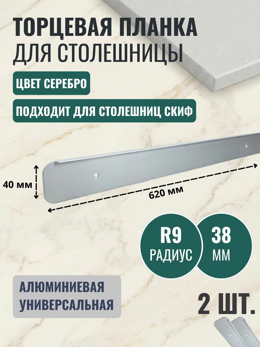 Планка торцевая для столешницы R9 38 мм 620 мм универсальная цвет Серебро 2 шт.