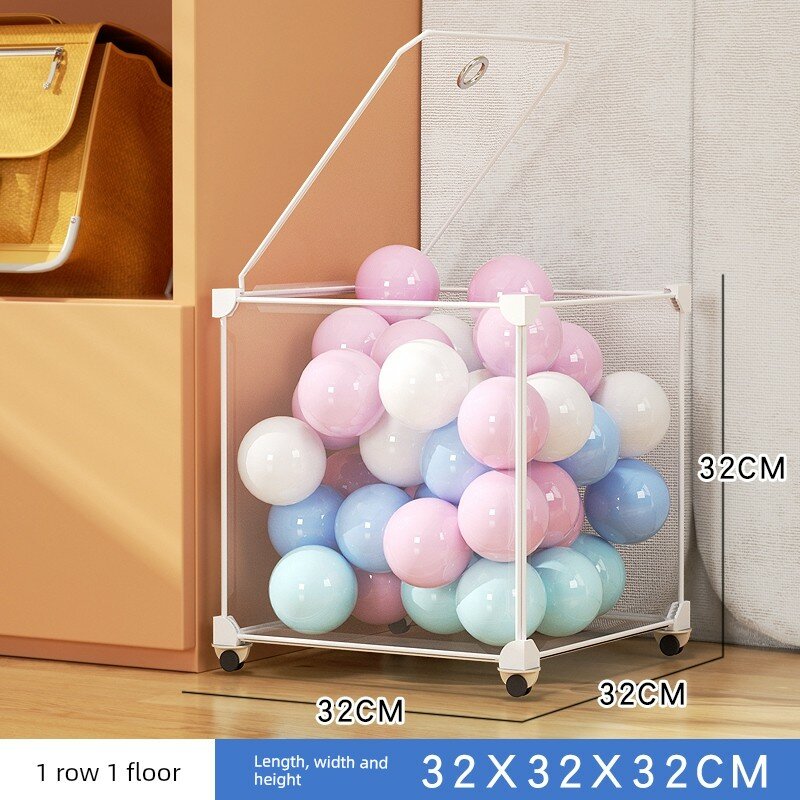 Прозрачная одноярусная пластиковая коробка для игрушек с колесиками, 32x32x32 см