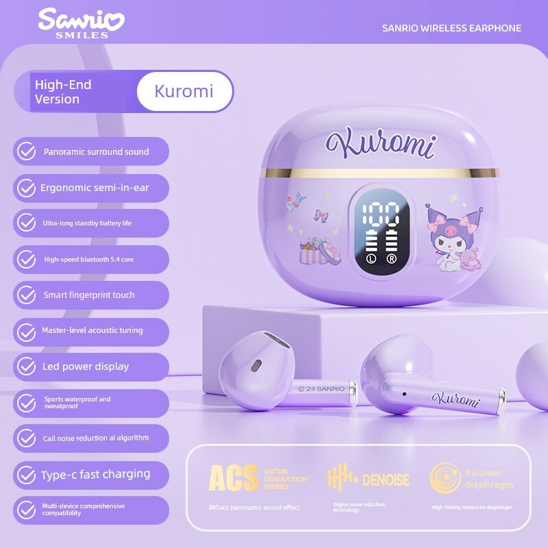 Премиальные наушники Bluetooth Sanrio Kuromi с Dolby Atmos, шумоподавлением ENC, Bluetooth 5.4, 68-часовым аккумулятором