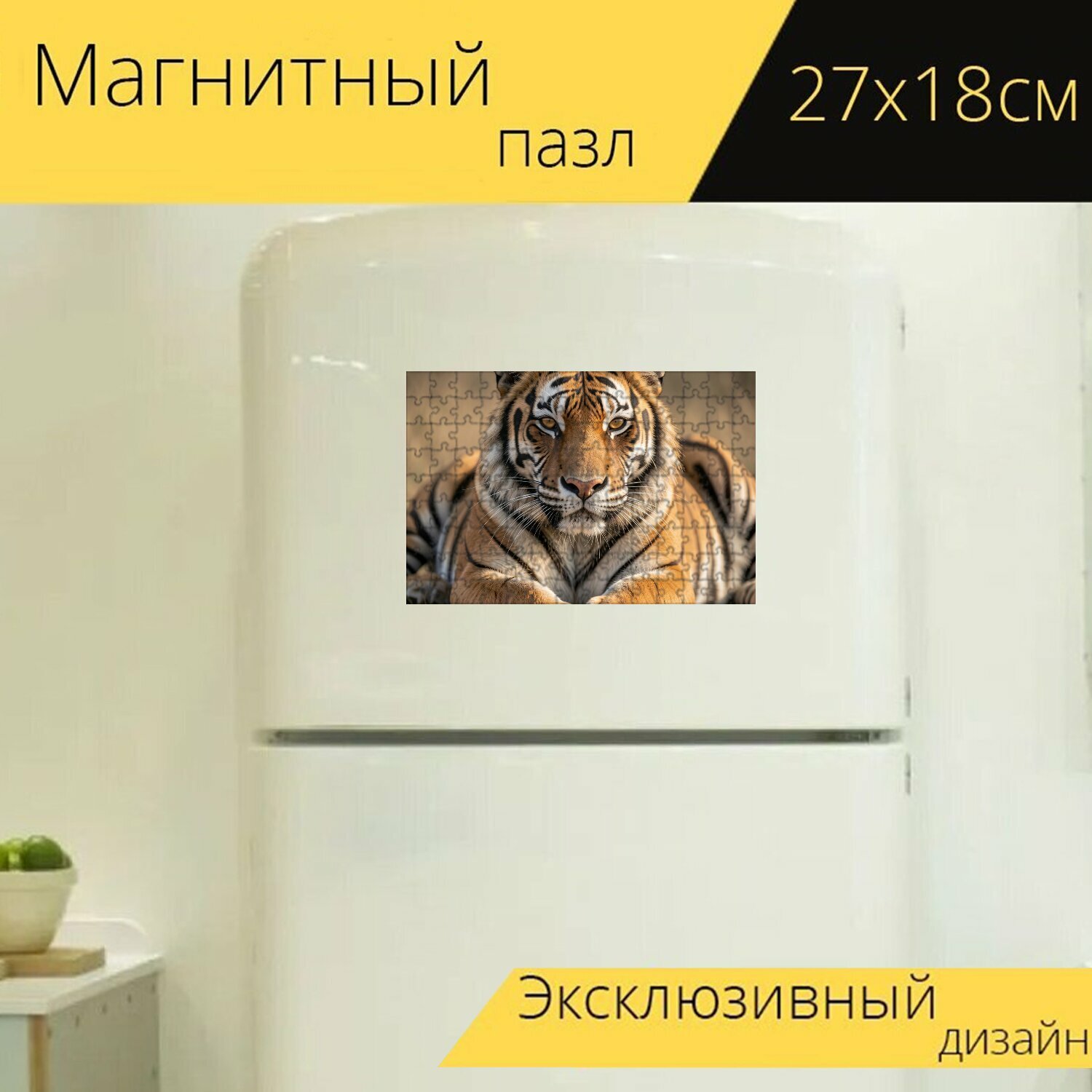 Магнитный пазл "Тигр в природной среде. Крупный хищник лежит в траве, смотрит прямо в кадр. Реалистичная дикая сцена в теплых оранжево-коричневых тонах." на холодильник 27 x 18 см.