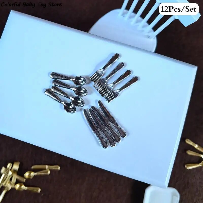 Металлический набор столовых приборов для кукольного домика, Silver, 12 шт.