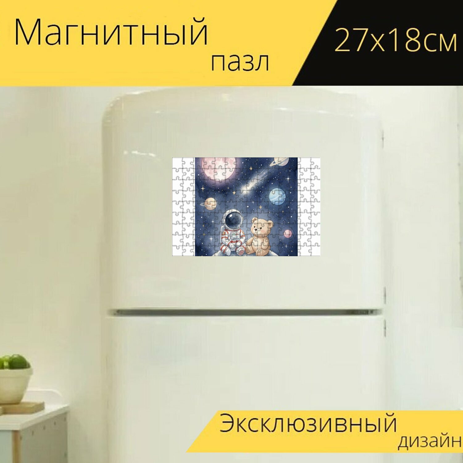 Магнитный пазл "Космонавт и медвежонок на Луне. Милый космический сюжет в акварельной стилистике: астронавт с плюшевым другом на лунной поверхности." на холодильник 27 x 18 см.