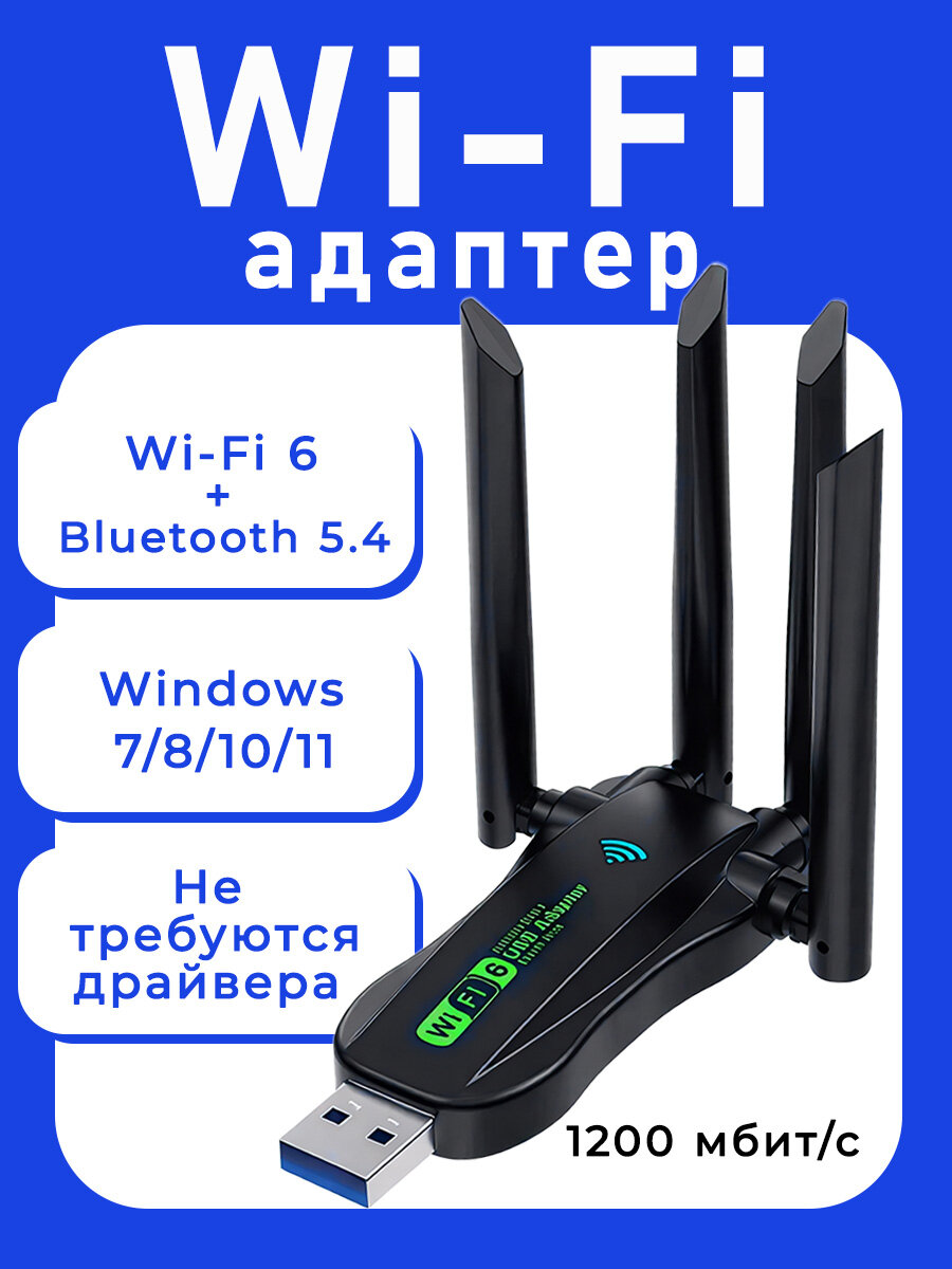 Wi-Fi адаптер для компьютера 2.4G/5G, до 1200 Mbps, Bluetooth 5.4