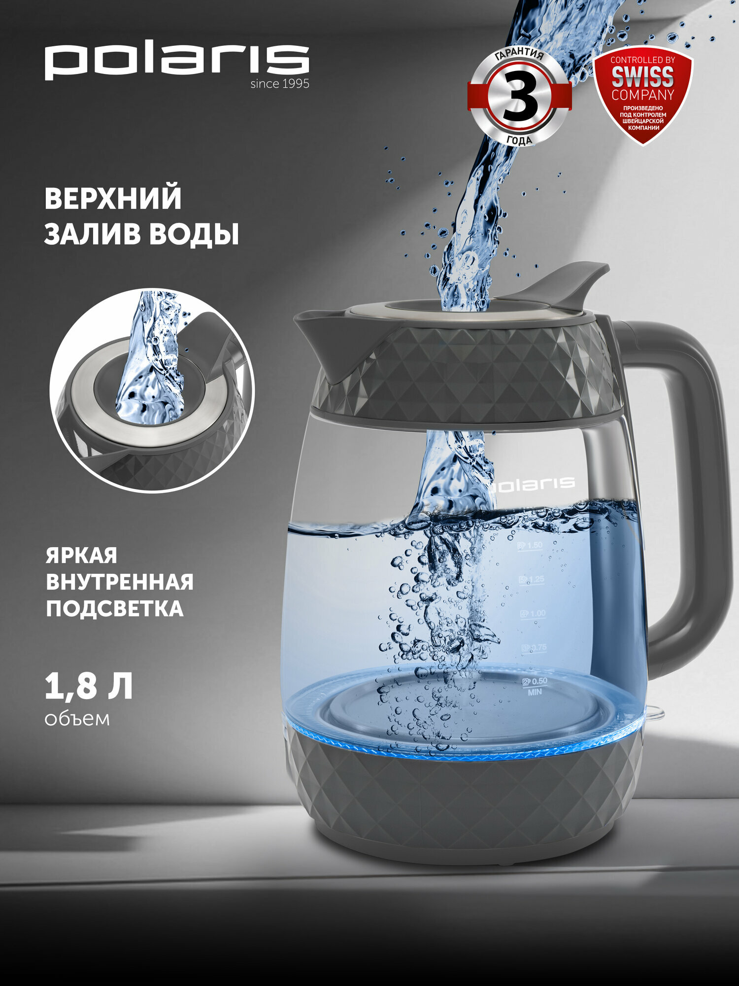 Электрический чайник Polaris PWK 1809CGL Water Way Pro, сенсорное управление, 15 режимов температуры, графит