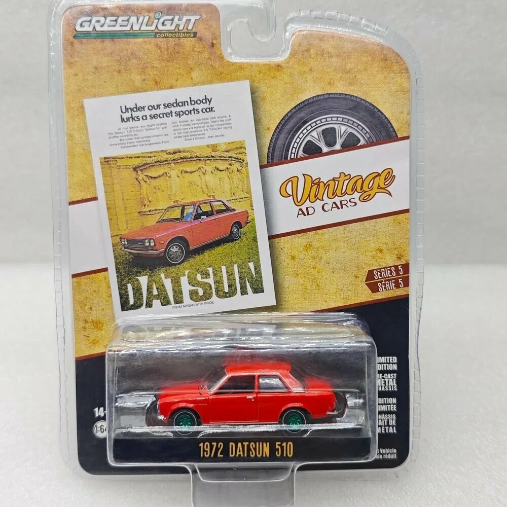 Green Light 1:64 Vintage AD Car Series 5 1972 Datsun 510 Green Machine Мальчики игрушки подарки металлические модели машины хобби серии