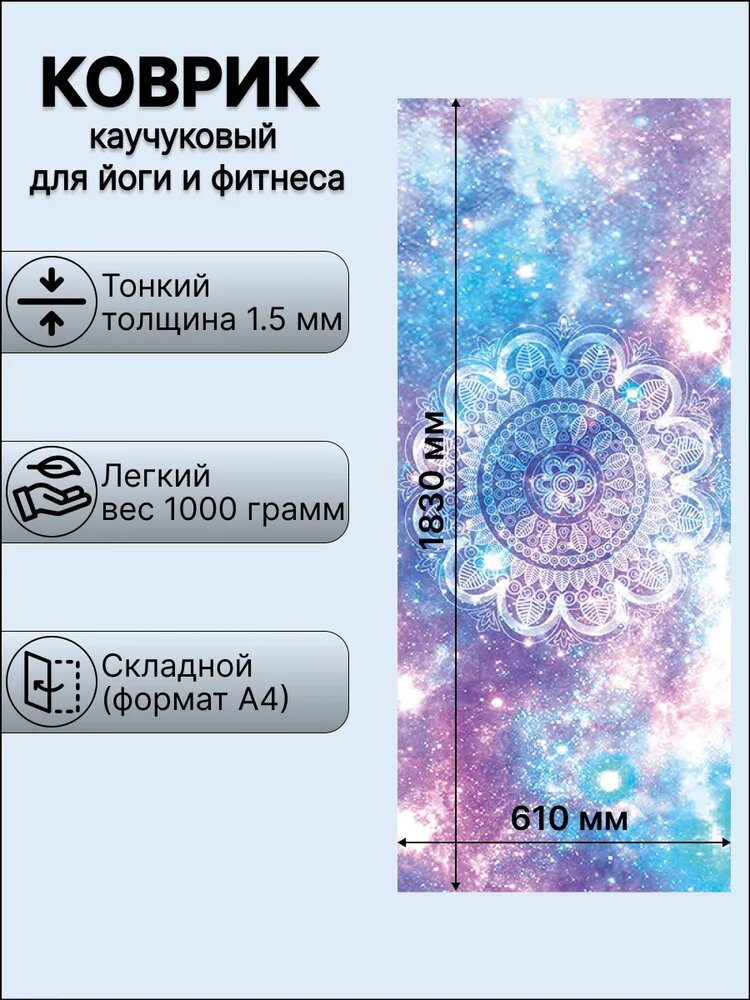 Коврик для йоги и фитнеса сиренево-голубой каучуковый, складной, тонкий, легкий, нескользящий, 1830х610 мм, Lucky Nastya