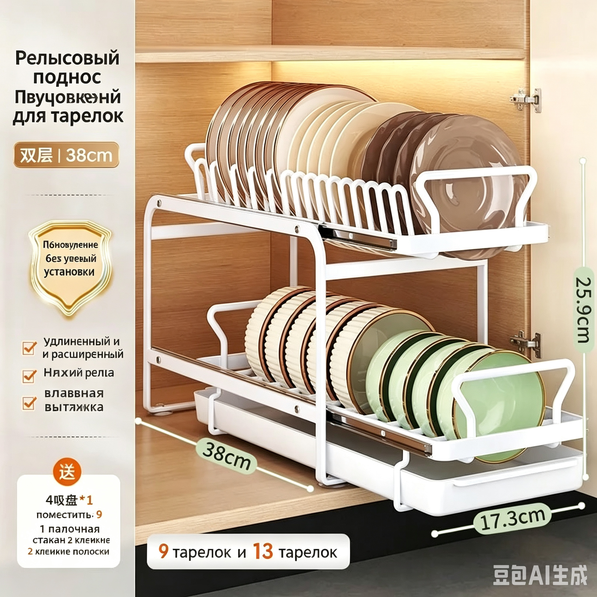 Полка для посуды 38 см, двухъярусная — компактный органайзер для кухонного шкафа