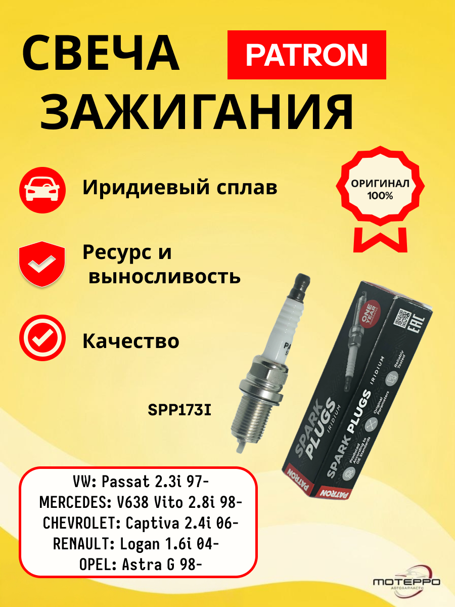 Свеча зажигания VW: Passat 2.3i 97- MERCEDES: V638 Vito 2.8i 98: PATRON SPP173I