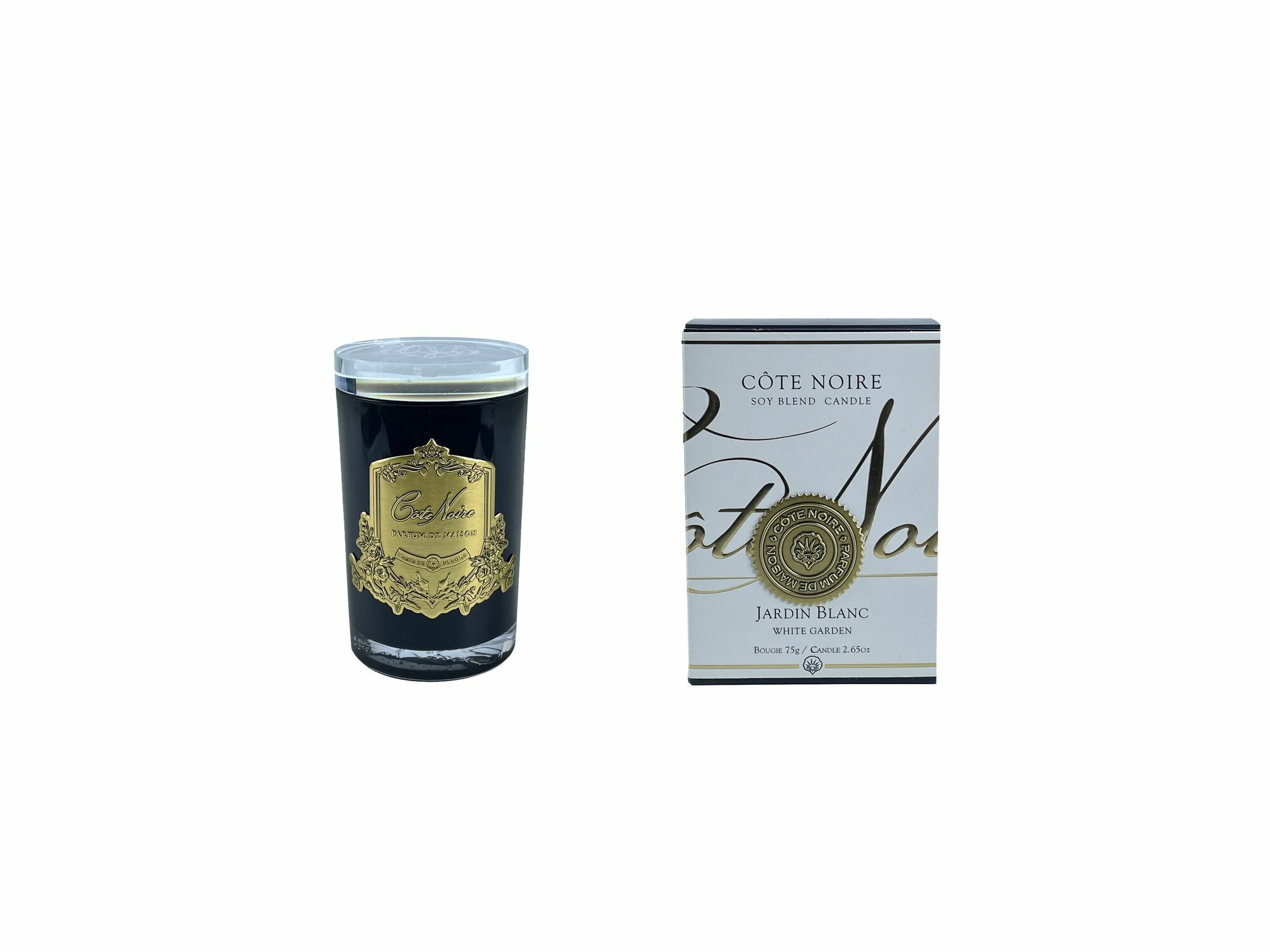 Свеча COTE NOIRE JARDIN BLANC 75 гр, черный стаканчик, золотой декор, ВхШхД 11х7,5х7,5см соевый воск, время горения 25ч