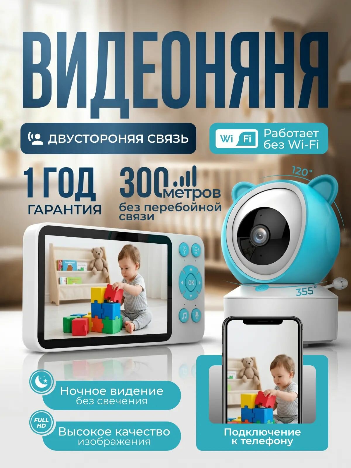 Видеоняня с монитором, wifi, беспроводная, умная, с камерой. Радио няня поворотная с датчиком движения